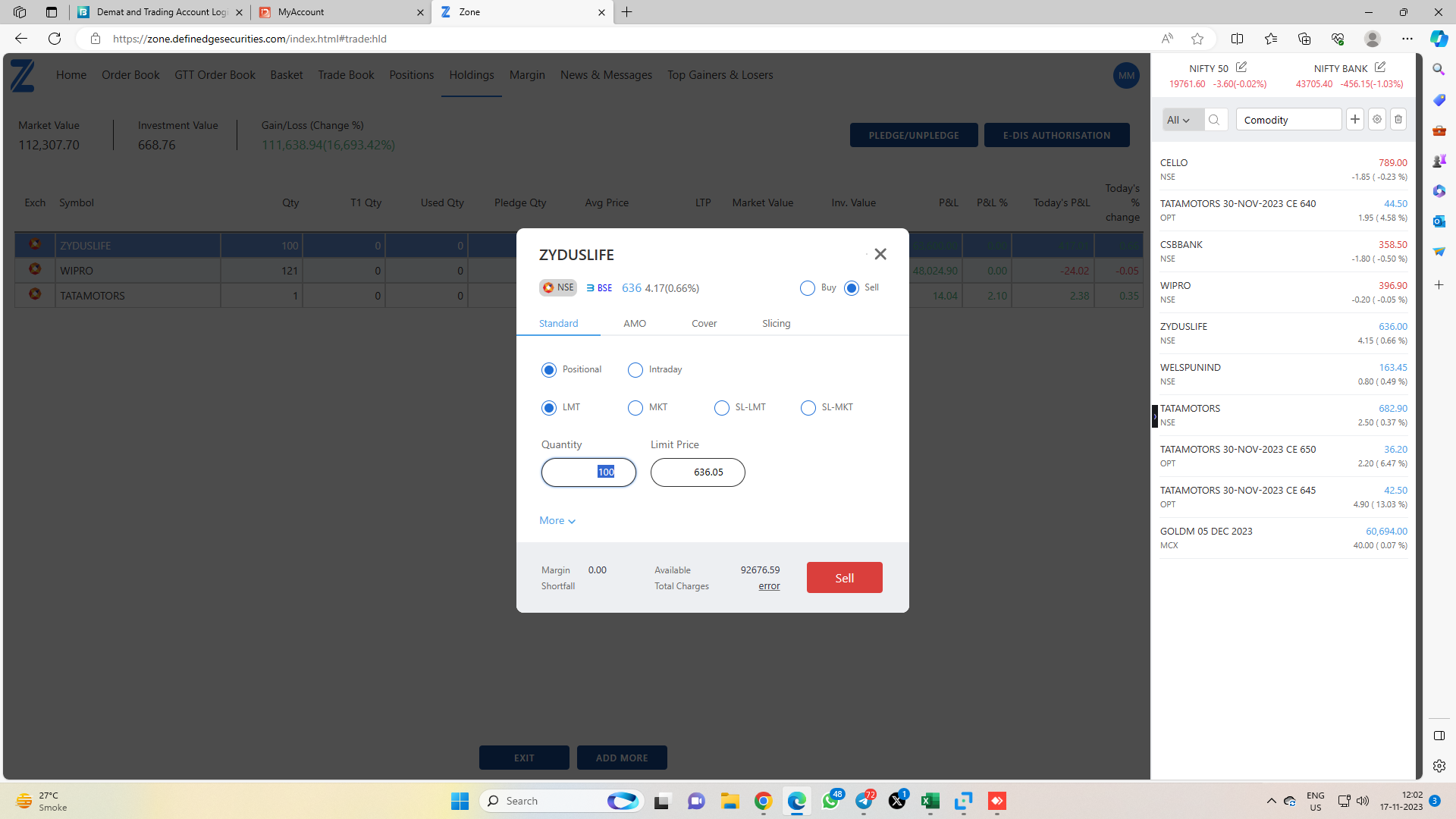 Need Zone GTT order place option in Holding | Definedge Forum